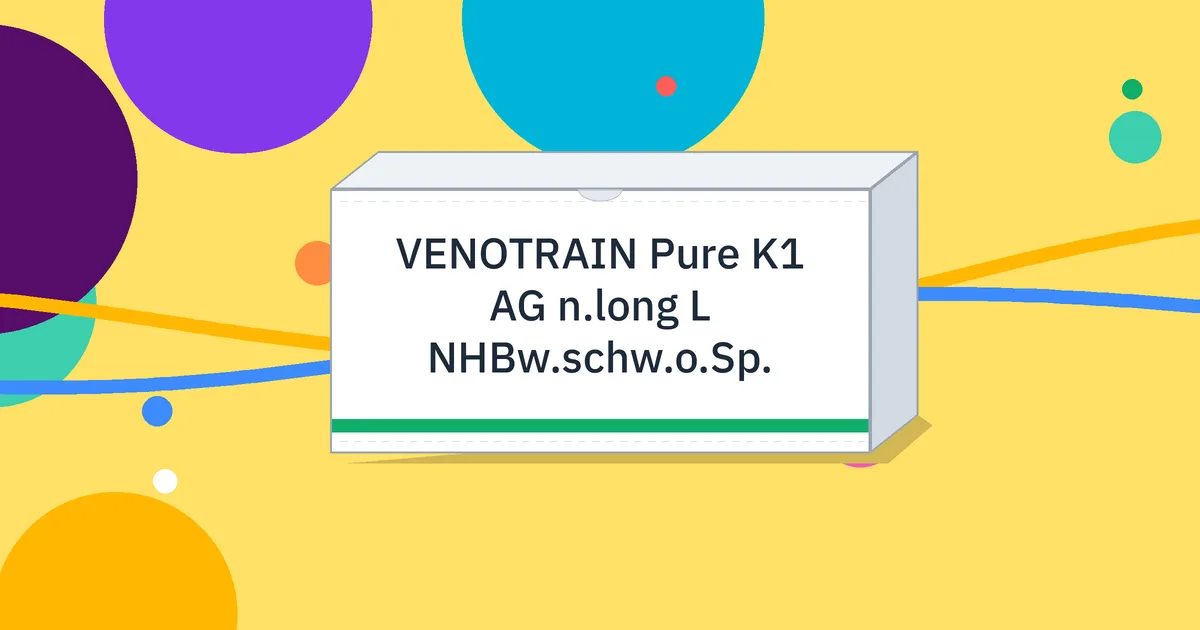 Symbolbild: Packung mit der Aufschrift VENOTRAIN Pure K1 AG n.long L NHBw.schw.o.Sp. (PZN 18146170) – Verfügbarkeit und Bezug in Apotheken in Frankfurt am Main