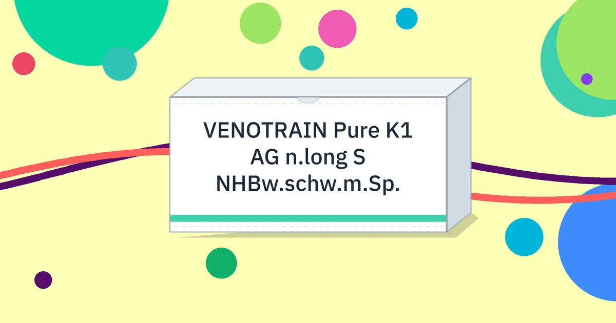 Symbolbild: Packung mit der Aufschrift VENOTRAIN Pure K1 AG n.long S NHBw.schw.m.Sp. (PZN 18145957) – Verfügbarkeit und Bezug in Apotheken in Frankfurt am Main