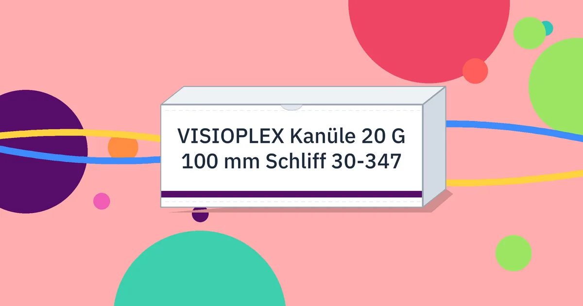 Symbolbild: Packung mit der Aufschrift VISIOPLEX Kanüle 20 G 100 mm Schliff 30-347 (PZN 09527358) – Verfügbarkeit und Bezug in Apotheken in Frankfurt am Main