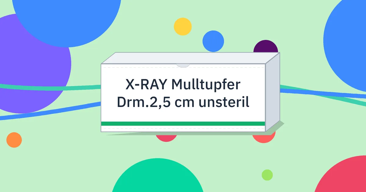 Symbolbild: Packung mit der Aufschrift X-RAY Mulltupfer Drm.2,5 cm unsteril (PZN 04654388) – Verfügbarkeit und Bezug in Apotheken in Frankfurt am Main