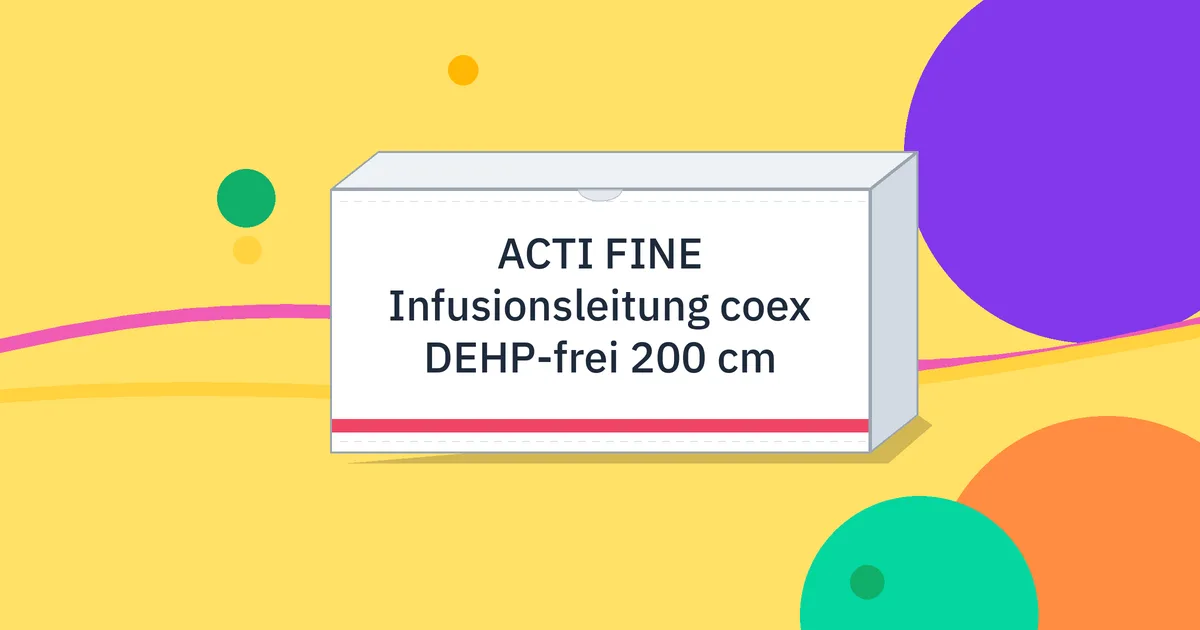 Symbolbild: Packung mit der Aufschrift ACTI FINE Infusionsleitung coex DEHP-frei 200 cm (PZN 10538893) – Verfügbarkeit und Bezug in Apotheken in Frankfurt am Main
