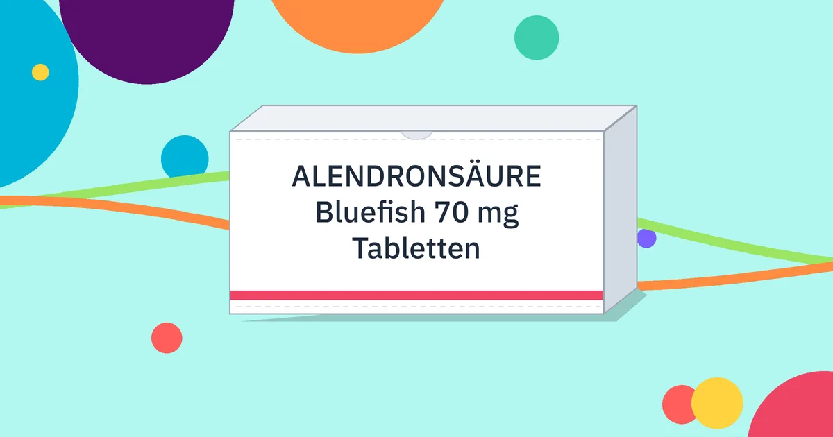 Symbolbild: Packung mit der Aufschrift ALENDRONSÄURE Bluefish 70 mg Tabletten (PZN 20412331) – Verfügbarkeit und Bezug in Apotheken in Frankfurt am Main