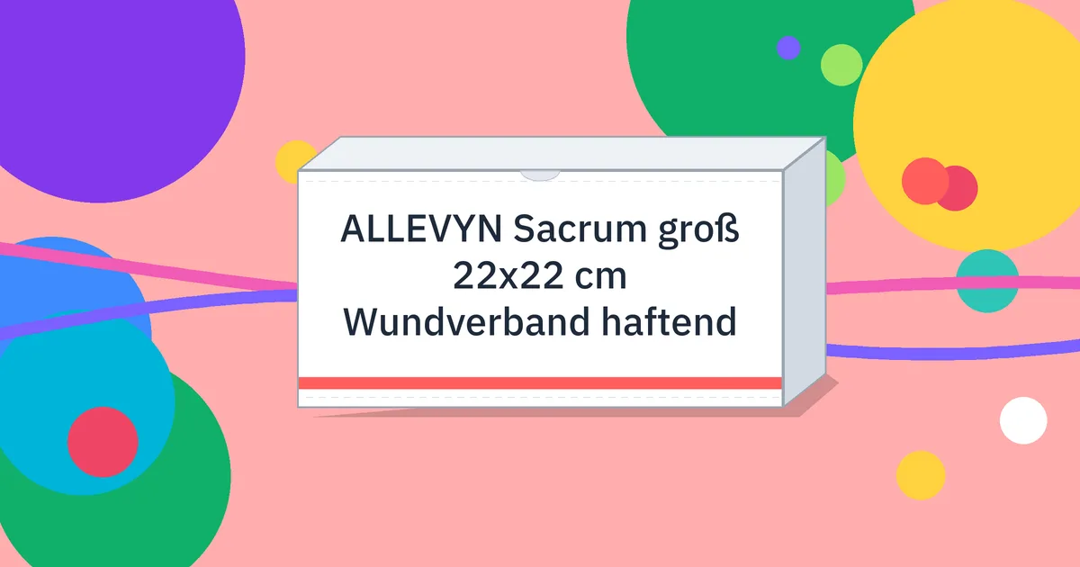 Symbolbild: Packung mit der Aufschrift ALLEVYN Sacrum groß 22x22 cm Wundverband haftend (PZN 16203596) – Verfügbarkeit und Bezug in Apotheken in Frankfurt am Main