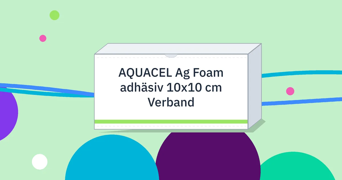 Symbolbild: Packung mit der Aufschrift AQUACEL Ag Foam adhäsiv 10x10 cm Verband (PZN 17152926) – Verfügbarkeit und Bezug in Apotheken in Frankfurt am Main