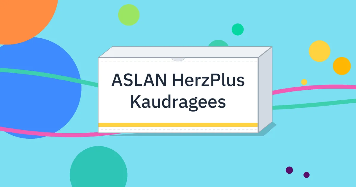 Symbolbild: Packung mit der Aufschrift ASLAN HerzPlus Kaudragees (PZN 10934399) – Verfügbarkeit und Bezug in Apotheken in Frankfurt am Main