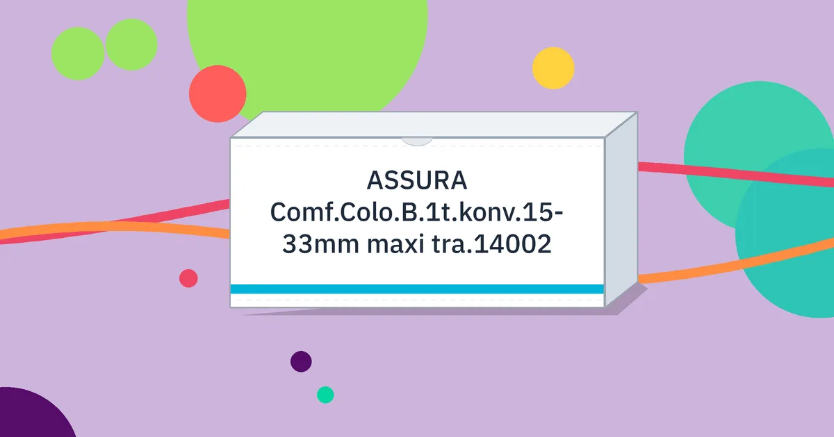 Symbolbild: Packung mit der Aufschrift ASSURA Comf.Colo.B.1t.konv.15-33mm maxi tra.14002 (PZN 01689647) – Verfügbarkeit und Bezug in Apotheken in Frankfurt am Main