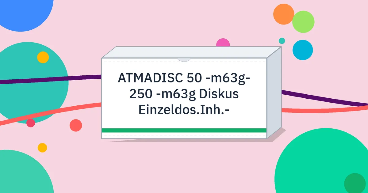 Symbolbild: Packung mit der Aufschrift ATMADISC 50 -m63g-250 -m63g Diskus Einzeldos.Inh.- (PZN 03180824) – Verfügbarkeit und Bezug in Apotheken in Frankfurt am Main