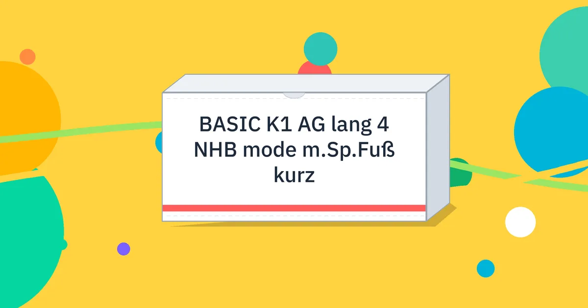 Symbolbild: Packung mit der Aufschrift BASIC K1 AG lang 4 NHB mode m.Sp.Fuß kurz (PZN 20261033) – Verfügbarkeit und Bezug in Apotheken in Frankfurt am Main