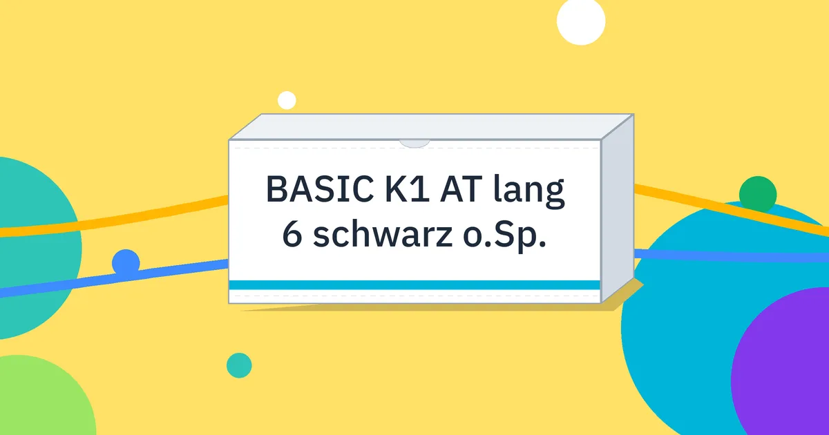 Symbolbild: Packung mit der Aufschrift BASIC K1 AT lang 6 schwarz o.Sp. (PZN 20263167) – Verfügbarkeit und Bezug in Apotheken in Frankfurt am Main