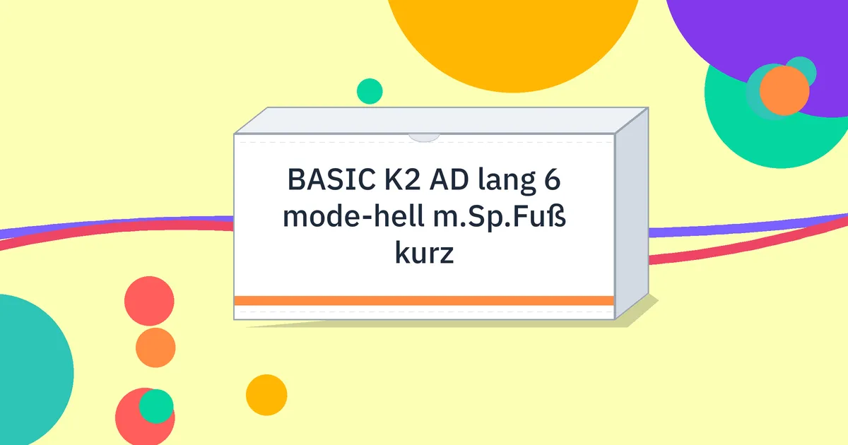 Symbolbild: Packung mit der Aufschrift BASIC K2 AD lang 6 mode-hell m.Sp.Fuß kurz (PZN 20265769) – Verfügbarkeit und Bezug in Apotheken in Frankfurt am Main