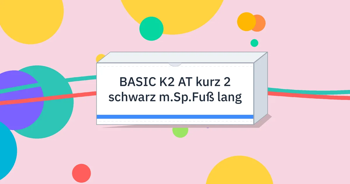 Symbolbild: Packung mit der Aufschrift BASIC K2 AT kurz 2 schwarz m.Sp.Fuß lang (PZN 20268928) – Verfügbarkeit und Bezug in Apotheken in Frankfurt am Main