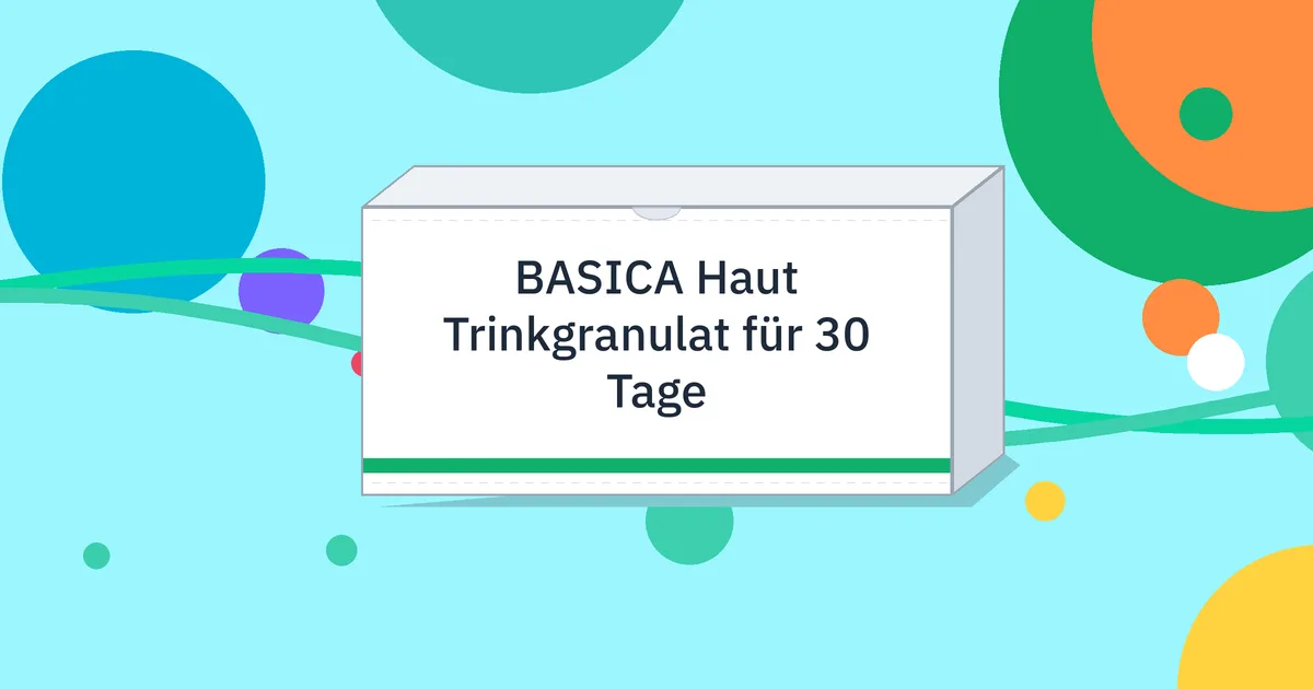 Symbolbild: Packung mit der Aufschrift BASICA Haut Trinkgranulat für 30 Tage (PZN 17586197) – Verfügbarkeit und Bezug in Apotheken in Frankfurt am Main