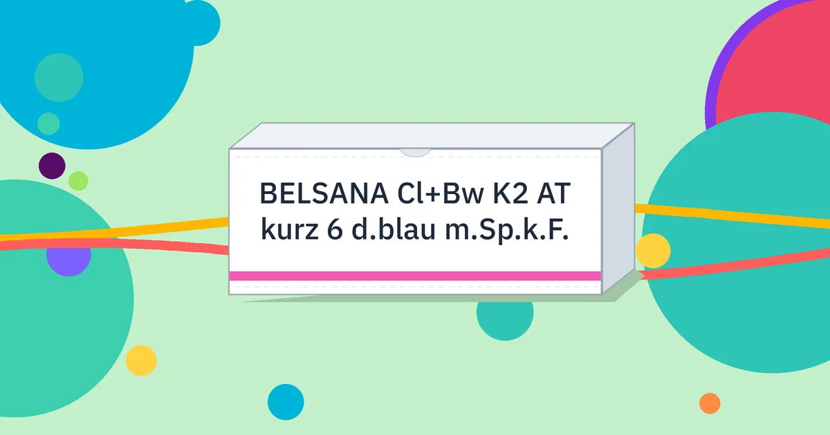 Symbolbild: Packung mit der Aufschrift BELSANA Cl+Bw K2 AT kurz 6 d.blau m.Sp.k.F. (PZN 15628098) – Verfügbarkeit und Bezug in Apotheken in Frankfurt am Main