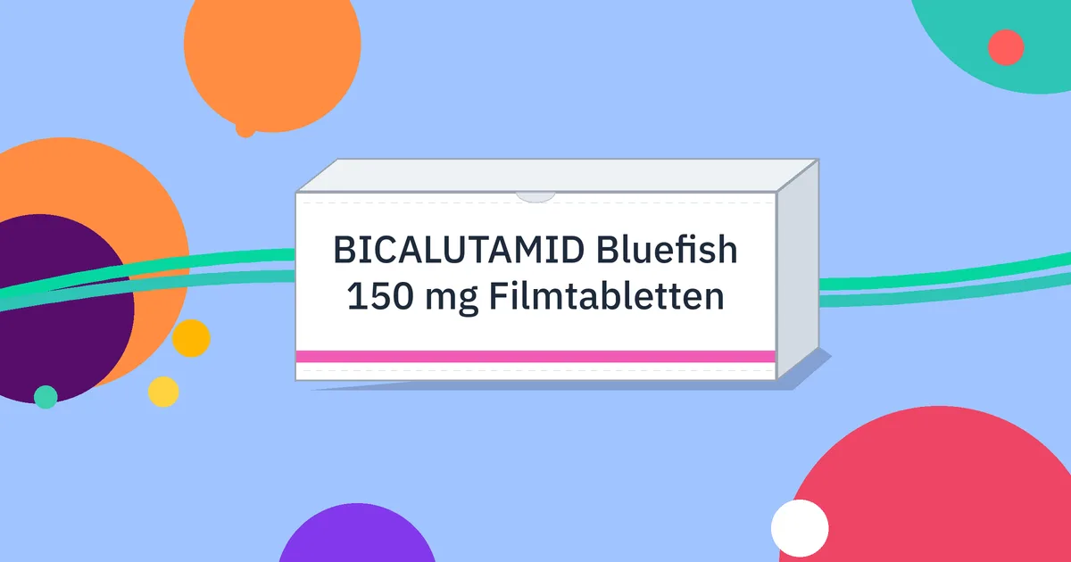 Symbolbild: Packung mit der Aufschrift BICALUTAMID Bluefish 150 mg Filmtabletten (PZN 03651991) – Verfügbarkeit und Bezug in Apotheken in Frankfurt am Main