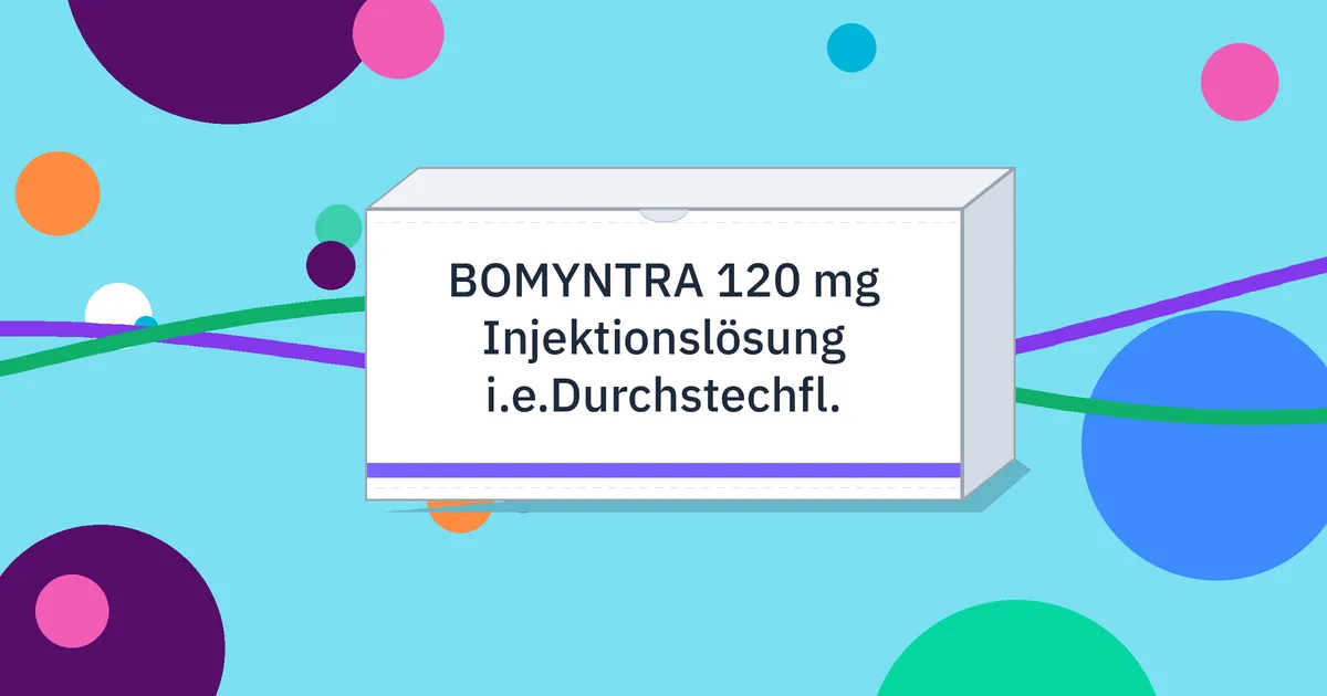 Symbolbild: Packung mit der Aufschrift BOMYNTRA 120 mg Injektionslösung i.e.Durchstechfl. (PZN 20081265) – Verfügbarkeit und Bezug in Apotheken in Frankfurt am Main