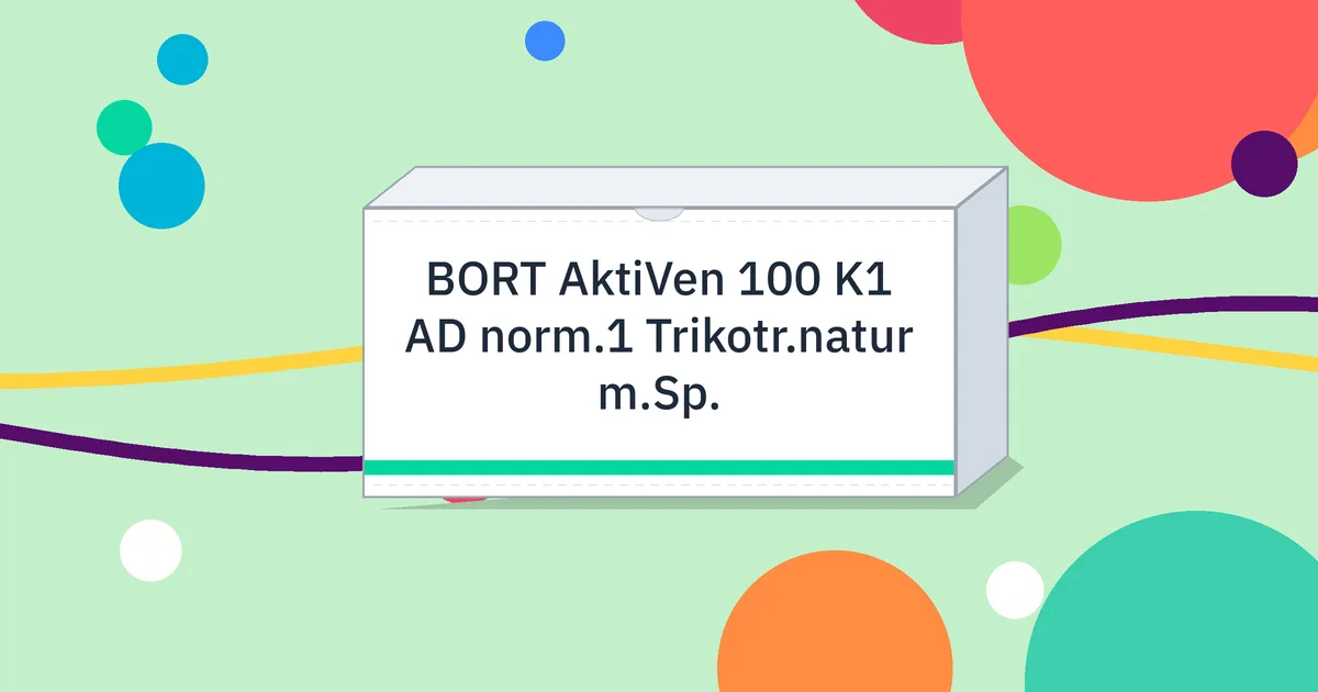 Symbolbild: Packung mit der Aufschrift BORT AktiVen 100 K1 AD norm.1 Trikotr.natur m.Sp. (PZN 13726106) – Verfügbarkeit und Bezug in Apotheken in Frankfurt am Main