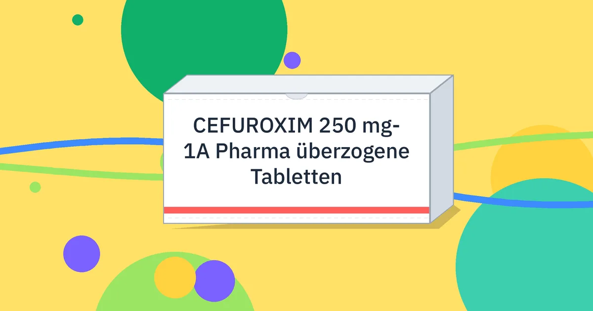 Symbolbild: Packung mit der Aufschrift CEFUROXIM 250 mg-1A Pharma überzogene Tabletten (PZN 00178229) – Verfügbarkeit und Bezug in Apotheken in Frankfurt am Main