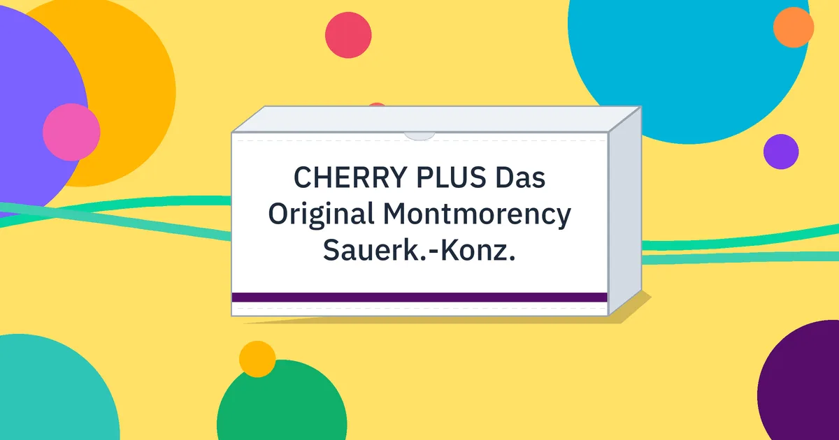 Symbolbild: Packung mit der Aufschrift CHERRY PLUS Das Original Montmorency Sauerk.-Konz. (PZN 12529355) – Verfügbarkeit und Bezug in Apotheken in Frankfurt am Main