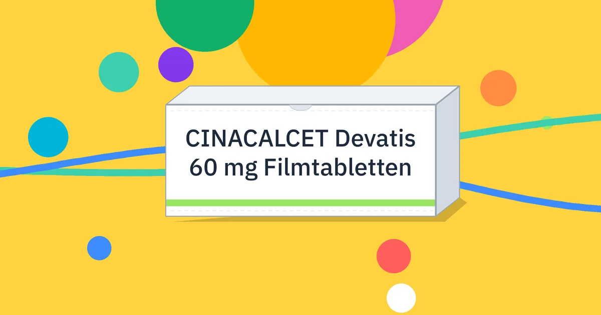 Symbolbild: Packung mit der Aufschrift CINACALCET Devatis 60 mg Filmtabletten (PZN 15572038) – Verfügbarkeit und Bezug in Apotheken in Frankfurt am Main