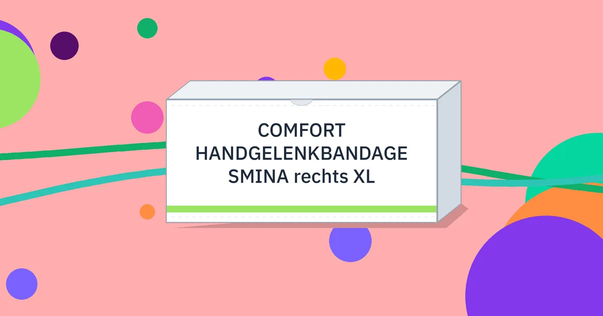 Symbolbild: Packung mit der Aufschrift COMFORT HANDGELENKBANDAGE SMINA rechts XL (PZN 20162667) – Verfügbarkeit und Bezug in Apotheken in Frankfurt am Main