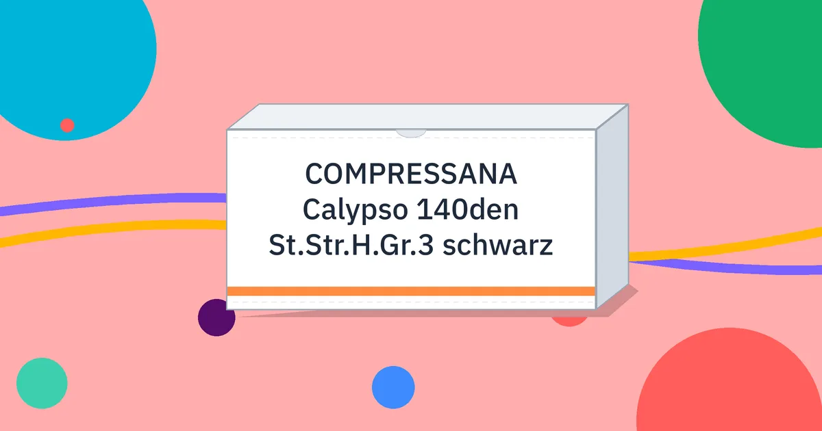 Symbolbild: Packung mit der Aufschrift COMPRESSANA Calypso 140den St.Str.H.Gr.3 schwarz (PZN 07720364) – Verfügbarkeit und Bezug in Apotheken in Frankfurt am Main