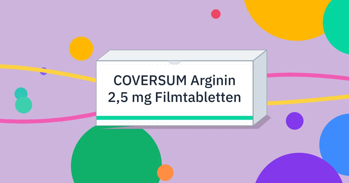 Symbolbild: Packung mit der Aufschrift COVERSUM Arginin 2,5 mg Filmtabletten (PZN 10032596) – Verfügbarkeit und Bezug in Apotheken in Frankfurt am Main