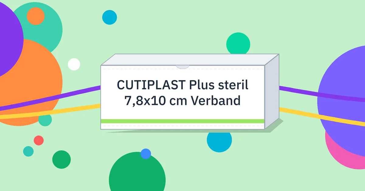 Symbolbild: Packung mit der Aufschrift CUTIPLAST Plus steril 7,8x10 cm Verband (PZN 09732644) – Verfügbarkeit und Bezug in Apotheken in Frankfurt am Main
