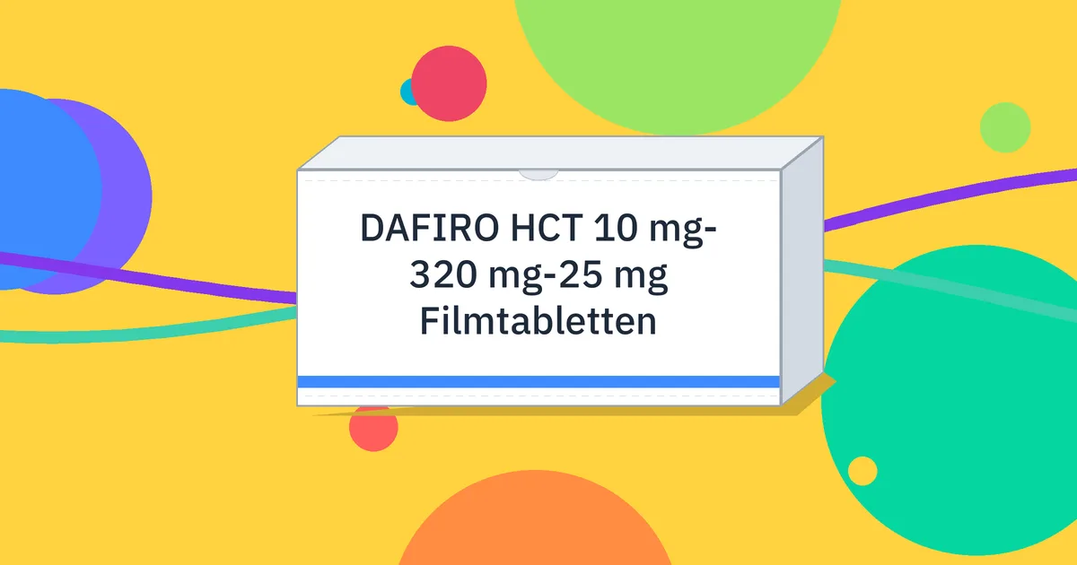 Symbolbild: Packung mit der Aufschrift DAFIRO HCT 10 mg-320 mg-25 mg Filmtabletten (PZN 16820521) – Verfügbarkeit und Bezug in Apotheken in Frankfurt am Main