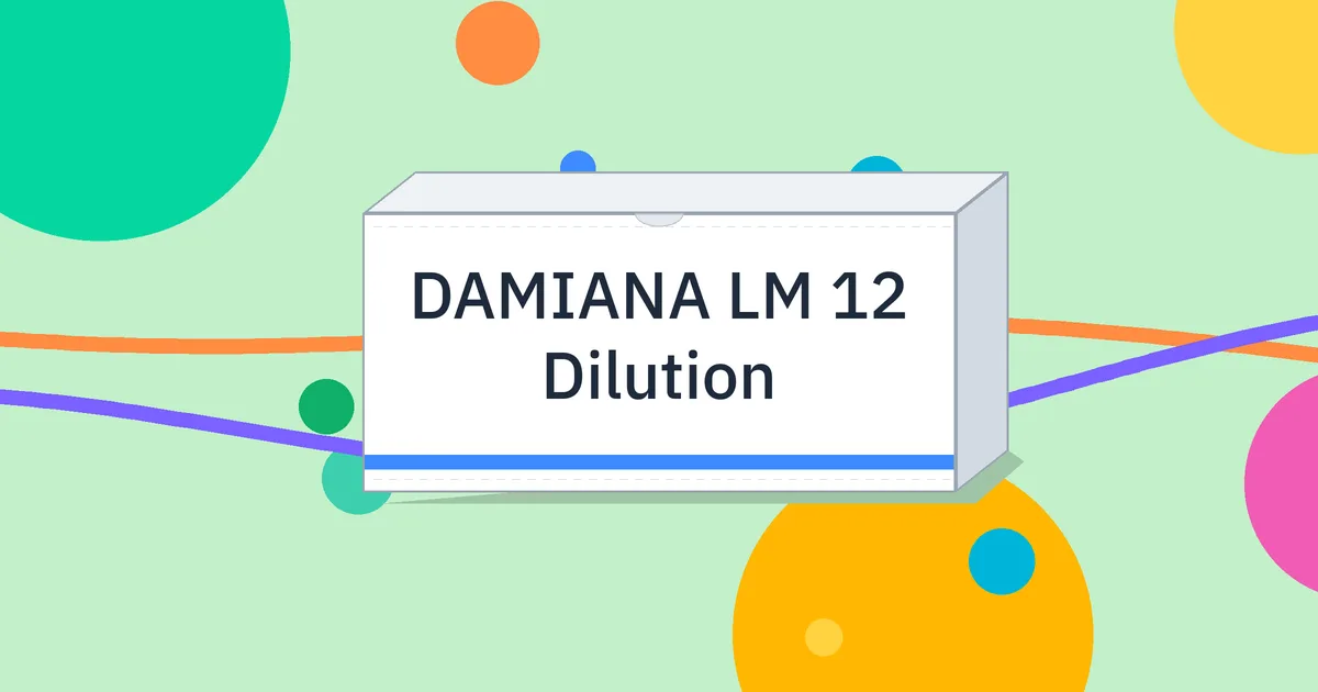 Symbolbild: Packung mit der Aufschrift DAMIANA LM 12 Dilution (PZN 13460996) – Verfügbarkeit und Bezug in Apotheken in Frankfurt am Main