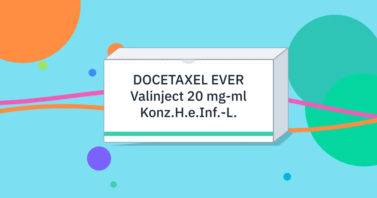Symbolbild: Packung mit der Aufschrift DOCETAXEL EVER Valinject 20 mg-ml Konz.H.e.Inf.-L. (PZN 14854444) – Verfügbarkeit und Bezug in Apotheken in Frankfurt am Main