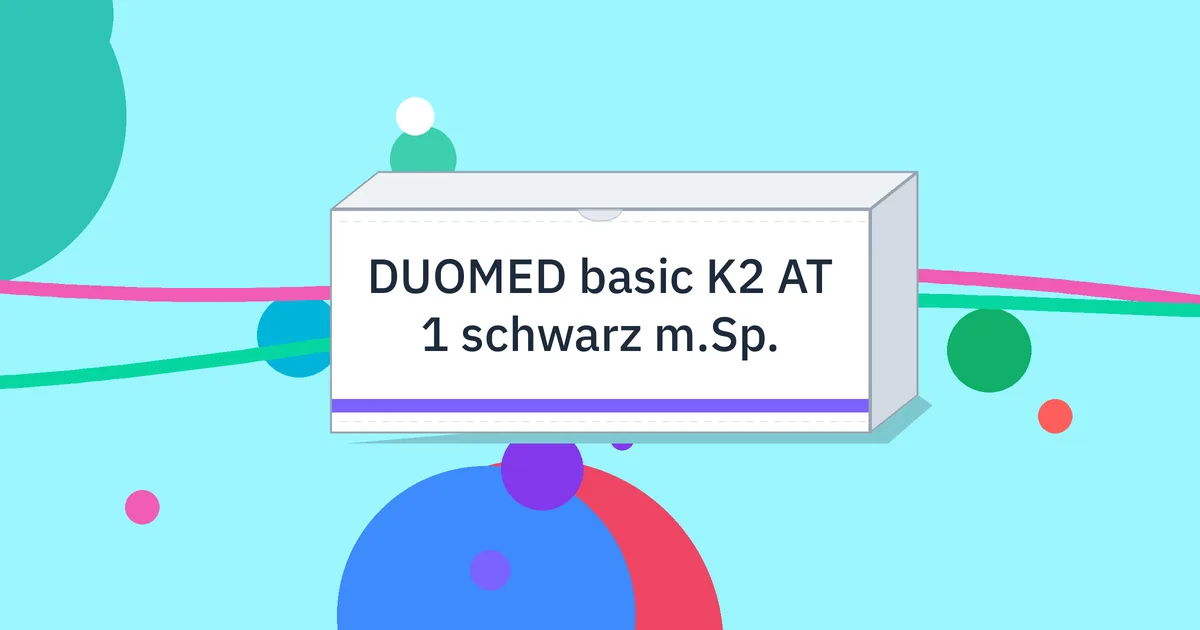 Symbolbild: Packung mit der Aufschrift DUOMED basic K2 AT 1 schwarz m.Sp. (PZN 20906174) – Verfügbarkeit und Bezug in Apotheken in Frankfurt am Main