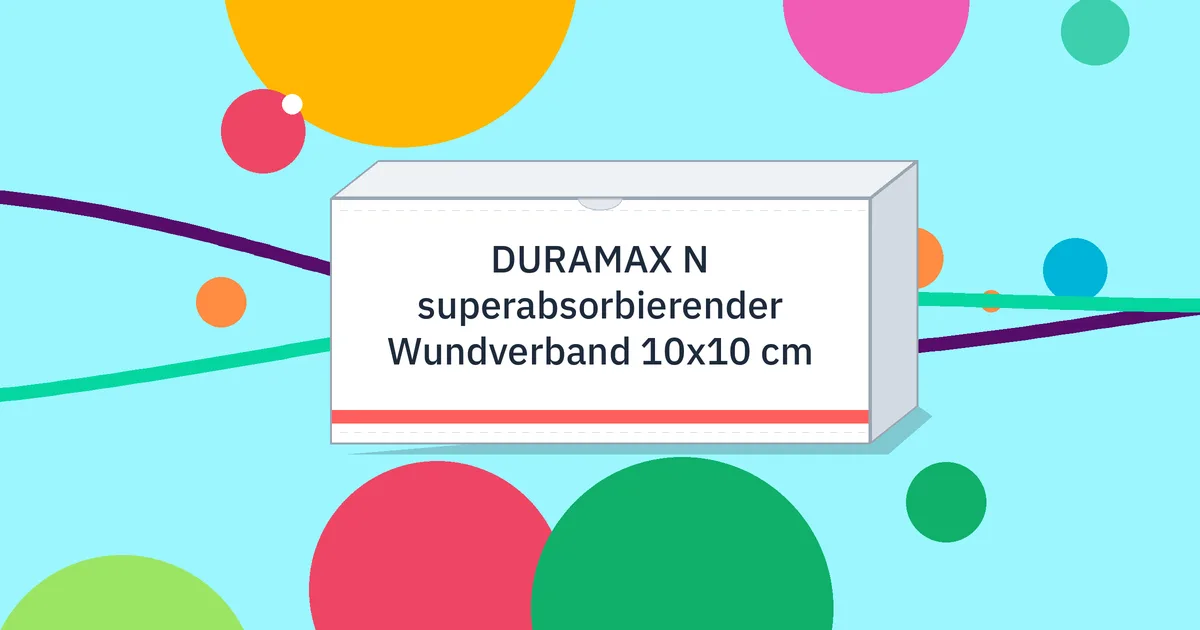 Symbolbild: Packung mit der Aufschrift DURAMAX N superabsorbierender Wundverband 10x10 cm (PZN 20412377) – Verfügbarkeit und Bezug in Apotheken in Frankfurt am Main