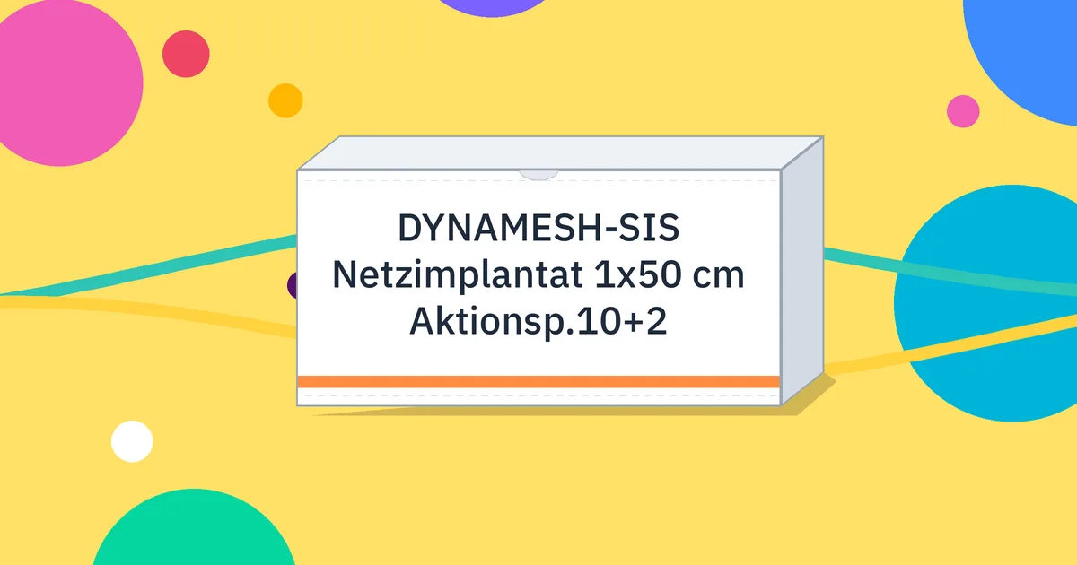 Symbolbild: Packung mit der Aufschrift DYNAMESH-SIS Netzimplantat 1x50 cm Aktionsp.10+2 (PZN 19390162) – Verfügbarkeit und Bezug in Apotheken in Frankfurt am Main