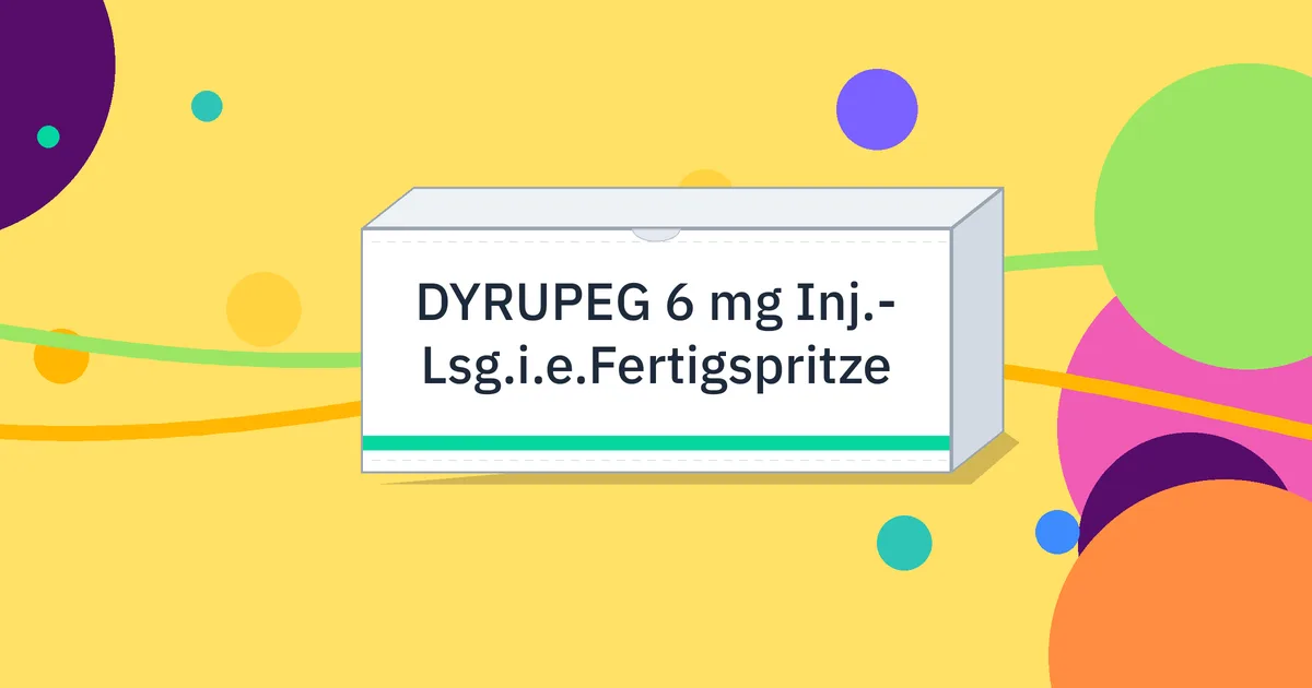 Symbolbild: Packung mit der Aufschrift DYRUPEG 6 mg Inj.-Lsg.i.e.Fertigspritze (PZN 20595656) – Verfügbarkeit und Bezug in Apotheken in Frankfurt am Main