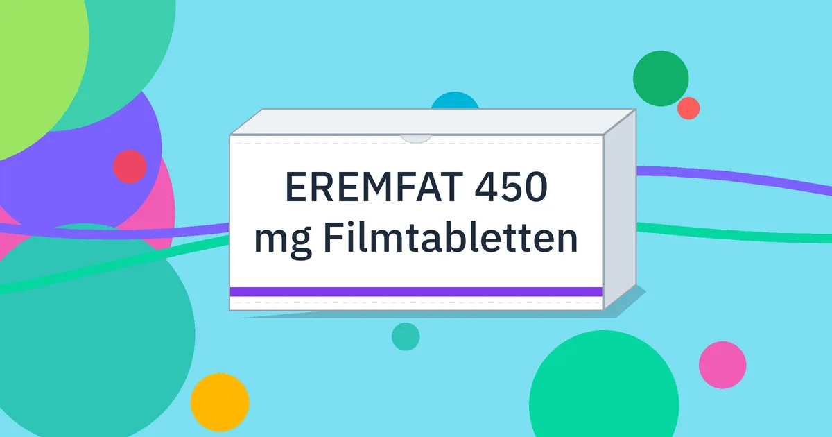 Symbolbild: Packung mit der Aufschrift EREMFAT 450 mg Filmtabletten (PZN 19054010) – Verfügbarkeit und Bezug in Apotheken in Frankfurt am Main