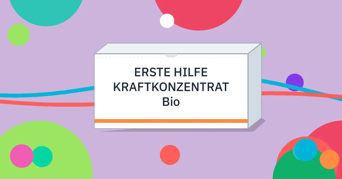 Symbolbild: Packung mit der Aufschrift ERSTE HILFE KRAFTKONZENTRAT Bio (PZN 19977772) – Verfügbarkeit und Bezug in Apotheken in Frankfurt am Main