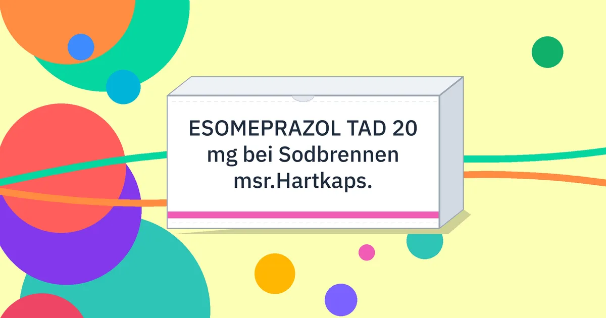 Symbolbild: Packung mit der Aufschrift ESOMEPRAZOL TAD 20 mg bei Sodbrennen msr.Hartkaps. (PZN 10963372) – Verfügbarkeit und Bezug in Apotheken in Frankfurt am Main