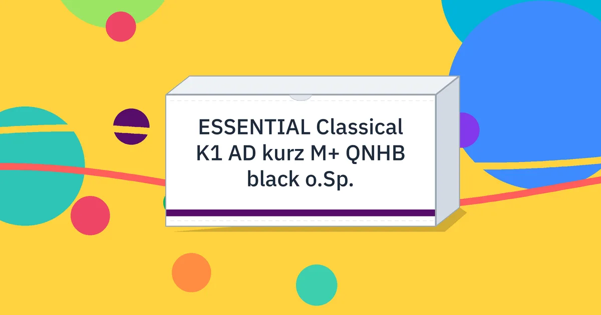 Symbolbild: Packung mit der Aufschrift ESSENTIAL Classical K1 AD kurz M+ QNHB black o.Sp. (PZN 18866160) – Verfügbarkeit und Bezug in Apotheken in Frankfurt am Main