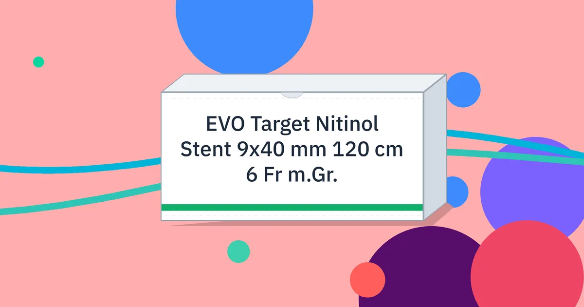 Symbolbild: Packung mit der Aufschrift EVO Target Nitinol Stent 9x40 mm 120 cm 6 Fr m.Gr. (PZN 00105130) – Verfügbarkeit und Bezug in Apotheken in Frankfurt am Main