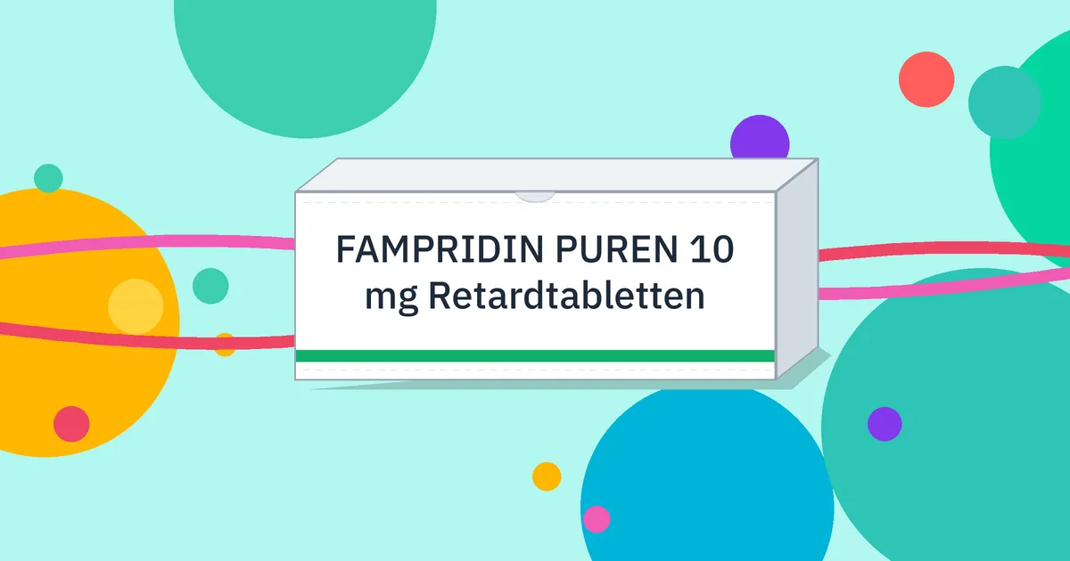 Symbolbild: Packung mit der Aufschrift FAMPRIDIN PUREN 10 mg Retardtabletten (PZN 18760929) – Verfügbarkeit und Bezug in Apotheken in Frankfurt am Main