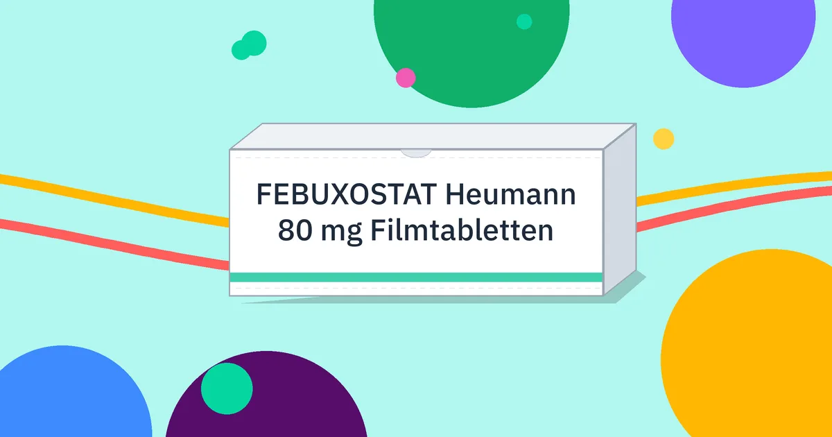 Symbolbild: Packung mit der Aufschrift FEBUXOSTAT Heumann 80 mg Filmtabletten (PZN 14215046) – Verfügbarkeit und Bezug in Apotheken in Frankfurt am Main