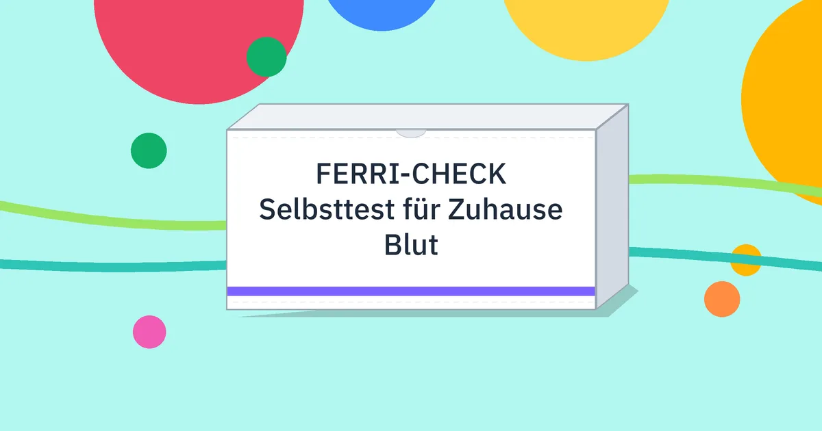 Symbolbild: Packung mit der Aufschrift FERRI-CHECK Selbsttest für Zuhause Blut (PZN 18376214) – Verfügbarkeit und Bezug in Apotheken in Frankfurt am Main