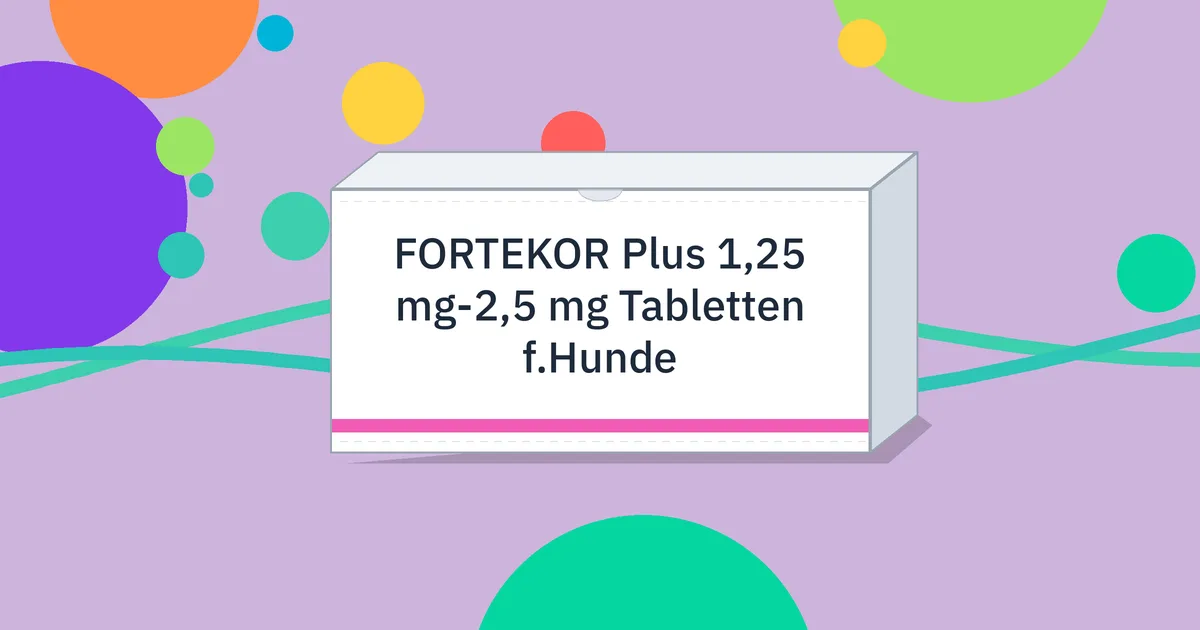Symbolbild: Packung mit der Aufschrift FORTEKOR Plus 1,25 mg-2,5 mg Tabletten f.Hunde (PZN 14365596) – Verfügbarkeit und Bezug in Apotheken in Frankfurt am Main