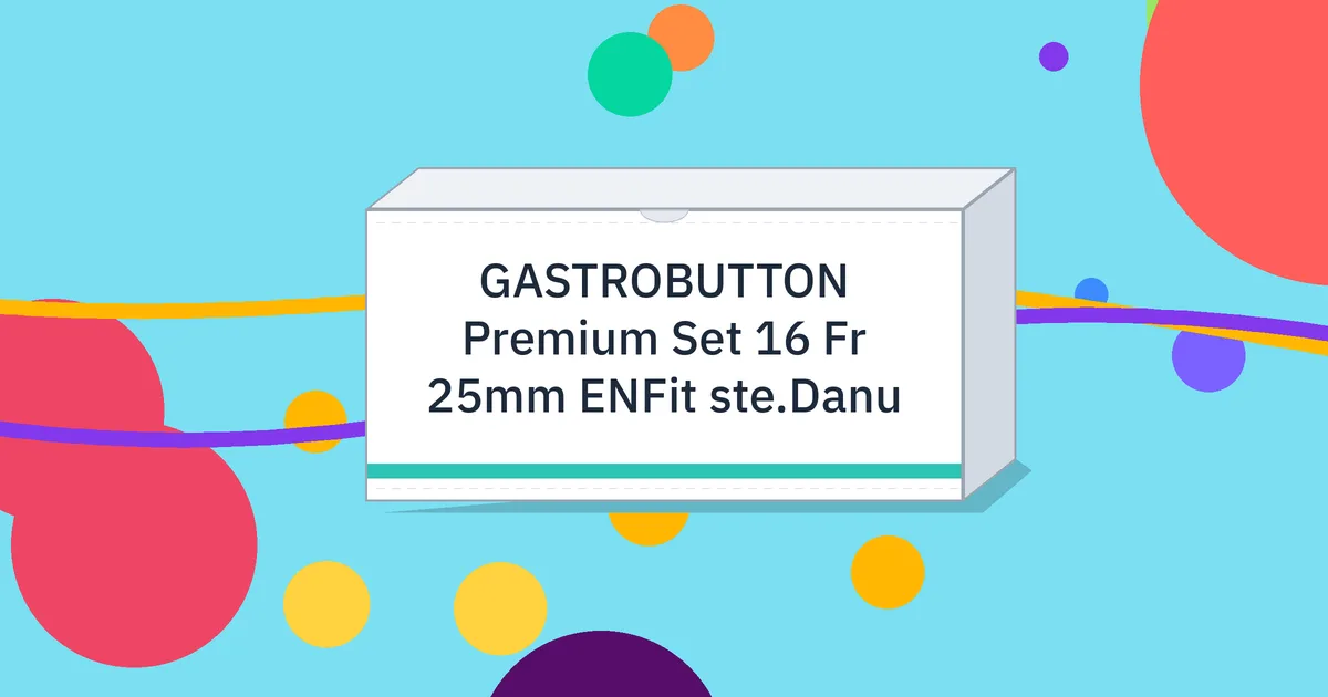 Symbolbild: Packung mit der Aufschrift GASTROBUTTON Premium Set 16 Fr 25mm ENFit ste.Danu (PZN 16883639) – Verfügbarkeit und Bezug in Apotheken in Frankfurt am Main