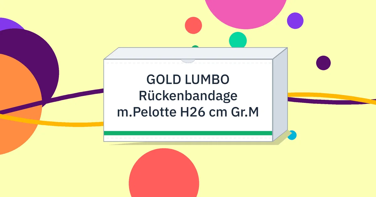 Symbolbild: Packung mit der Aufschrift GOLD LUMBO Rückenbandage m.Pelotte H26 cm Gr.M (PZN 19133790) – Verfügbarkeit und Bezug in Apotheken in Frankfurt am Main