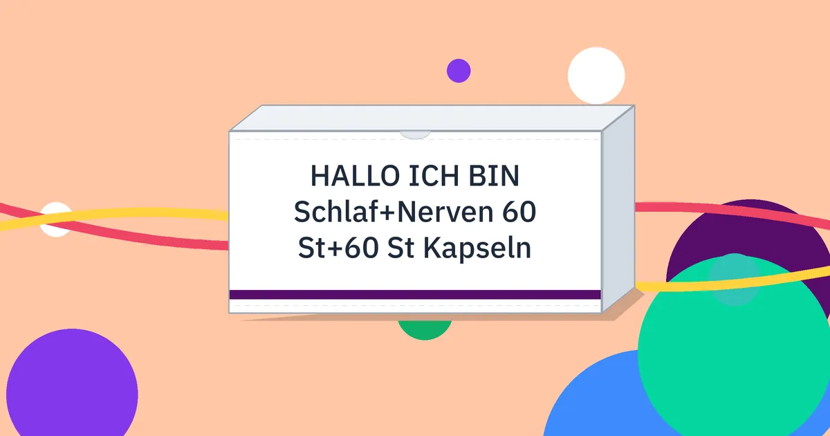 Symbolbild: Packung mit der Aufschrift HALLO ICH BIN Schlaf+Nerven 60 St+60 St Kapseln (PZN 16013795) – Verfügbarkeit und Bezug in Apotheken in Frankfurt am Main