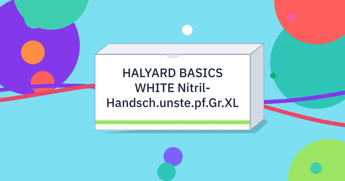 Symbolbild: Packung mit der Aufschrift HALYARD BASICS WHITE Nitril-Handsch.unste.pf.Gr.XL (PZN 12608511) – Verfügbarkeit und Bezug in Apotheken in Frankfurt am Main