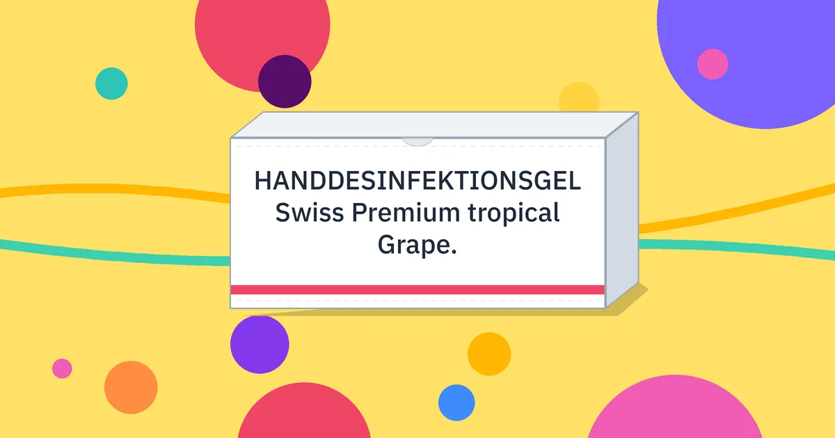 Symbolbild: Packung mit der Aufschrift HANDDESINFEKTIONSGEL Swiss Premium tropical Grape. (PZN 18053652) – Verfügbarkeit und Bezug in Apotheken in Frankfurt am Main