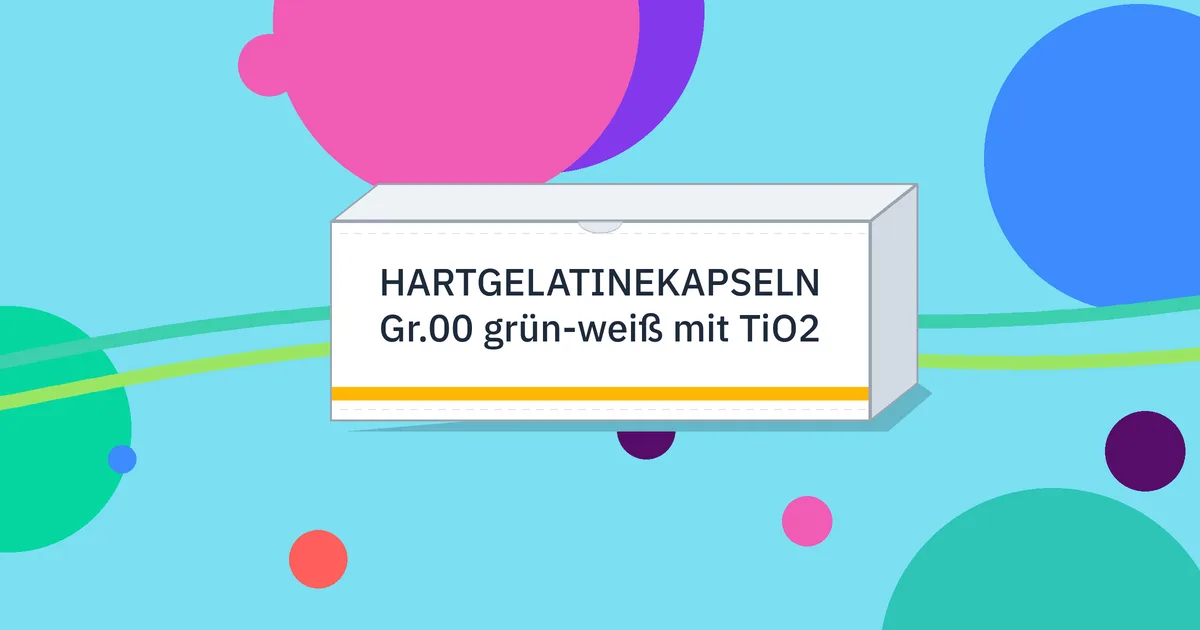 Symbolbild: Packung mit der Aufschrift HARTGELATINEKAPSELN Gr.00 grün-weiß mit TiO2 (PZN 18770135) – Verfügbarkeit und Bezug in Apotheken in Frankfurt am Main