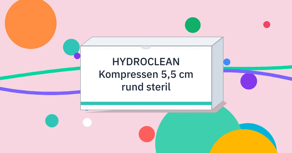 Symbolbild: Packung mit der Aufschrift HYDROCLEAN Kompressen 5,5 cm rund steril (PZN 16348946) – Verfügbarkeit und Bezug in Apotheken in Frankfurt am Main